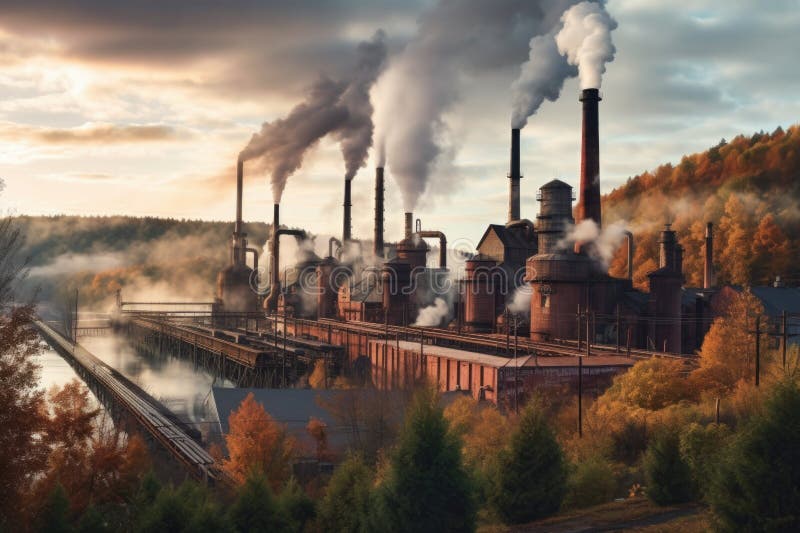 Paper Mill Smokestacks Emitting Steam Stock Illustration - Illustration ...