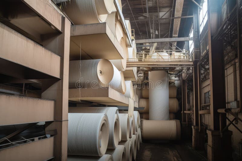 Paper Mill, Towering Stacks of Raw Paper Rolls and Steam Rising Stock ...