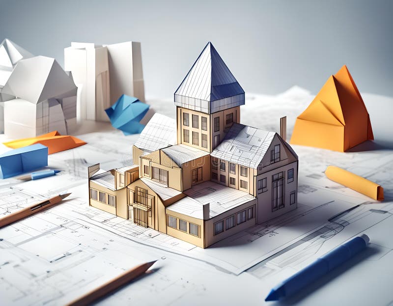 Paper Model of a House on Top of Blueprints. Generative AI Stock Image ...