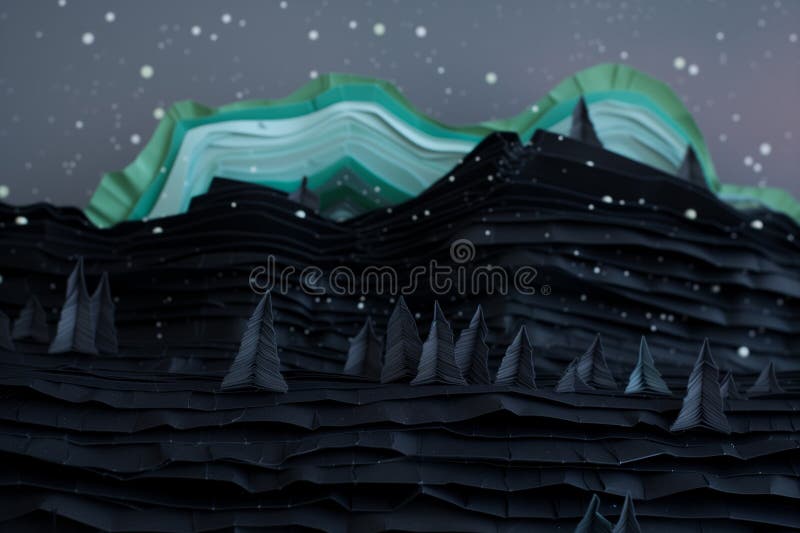 Paper Northern Lights Over a Black Layered Paper Forest Stock Photo ...