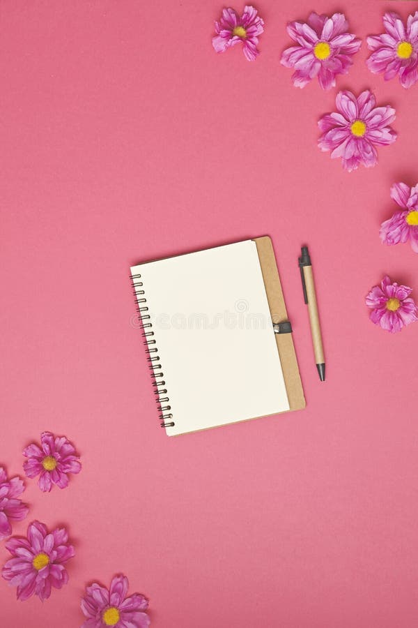 Paper Note with Flowers on Pink Background. Top View. Stock Image ...