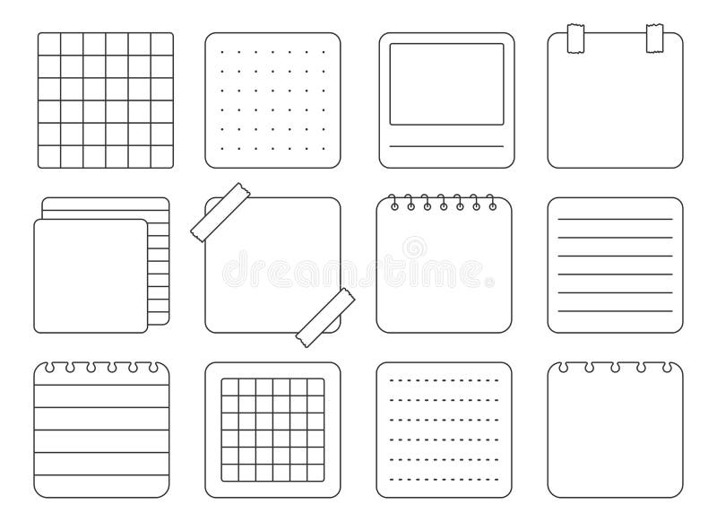 Paper Note Sticker Square Notepad Black Line Set Stock Vector ...