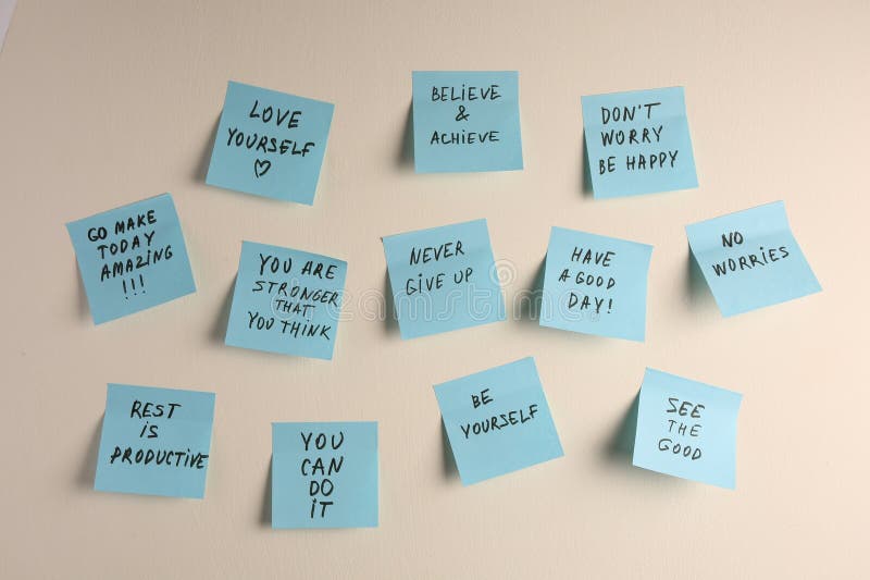 Paper Notes with Life-affirming Phrases on White Wall Stock Photo ...