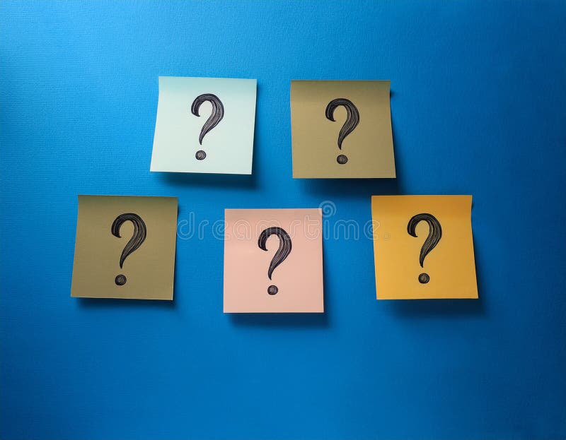Paper Notes with Question Marks on Blue Background, Flat Lay. Space for ...