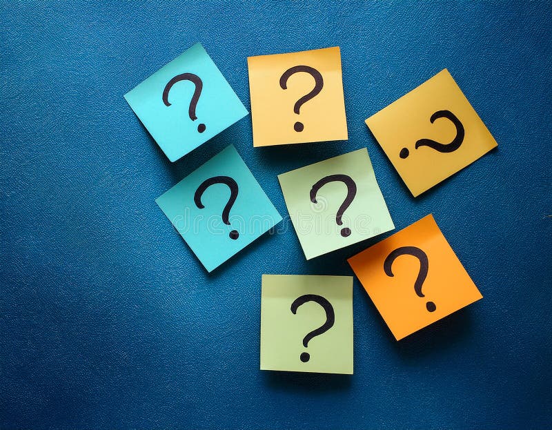 Paper Notes with Question Marks on Blue Background, Flat Lay. Space for ...