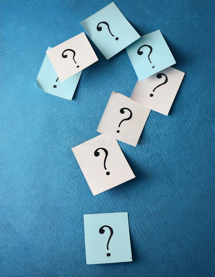 Paper Notes with Question Marks on Blue Background, Flat Lay. Space for ...