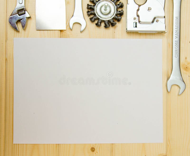 Paper for Notes and Set of Working Tools on Wooden Stock Image - Image ...
