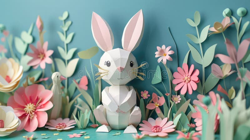 Paper Origami Composition of a Cute Easter Bunny among Colorful Flowers ...