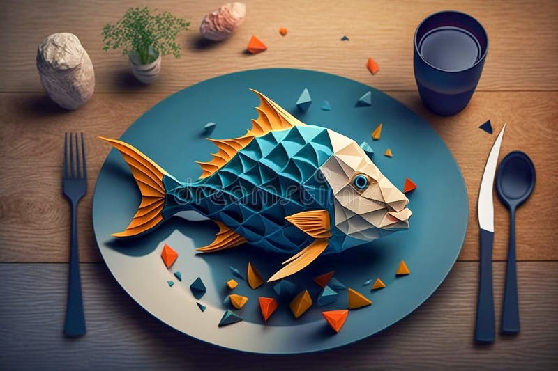 Paper Origami Fish on a Plate, Flatlay. Generative AI Stock ...