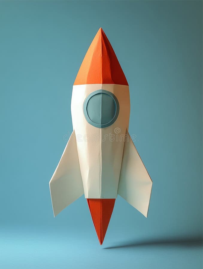 Paper Origami Rocket on a Blue Background. Stock Photo - Image of ...