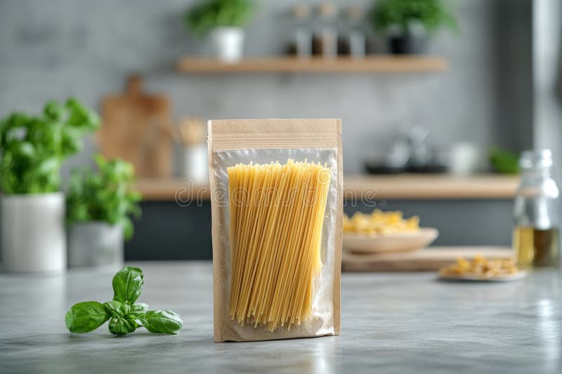 Paper Package of Dry Spaghetti Standing on Kitchen Countertop with ...