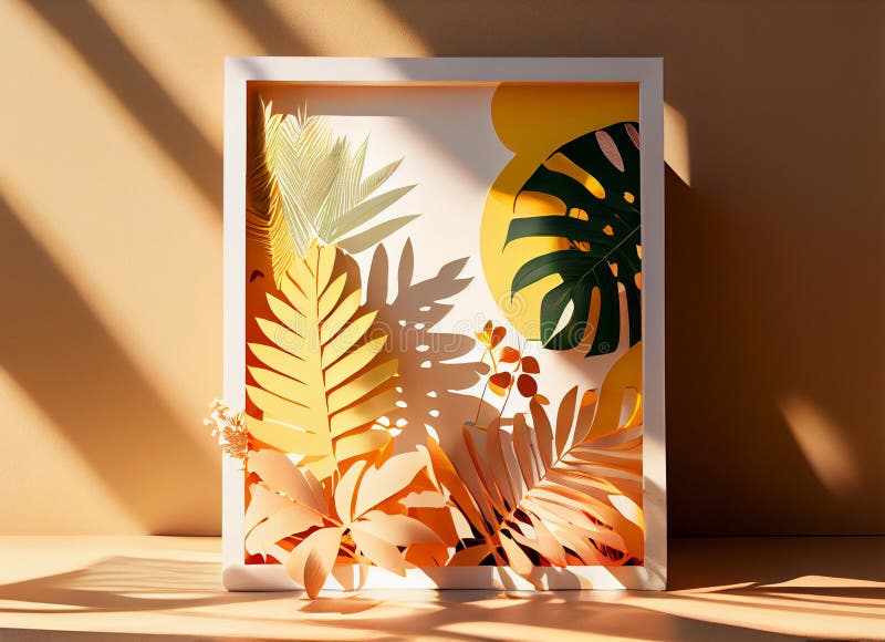 Paper Palm Leaves with Frame , 3d Render Stock Illustration ...