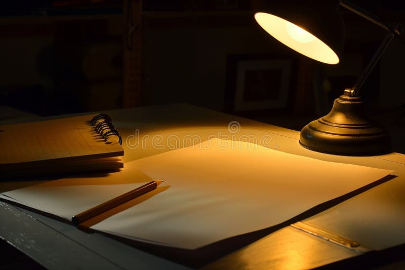 Paper and Pencil Under a Desk Lamp at Night, Casting a Warm Glow Stock ...