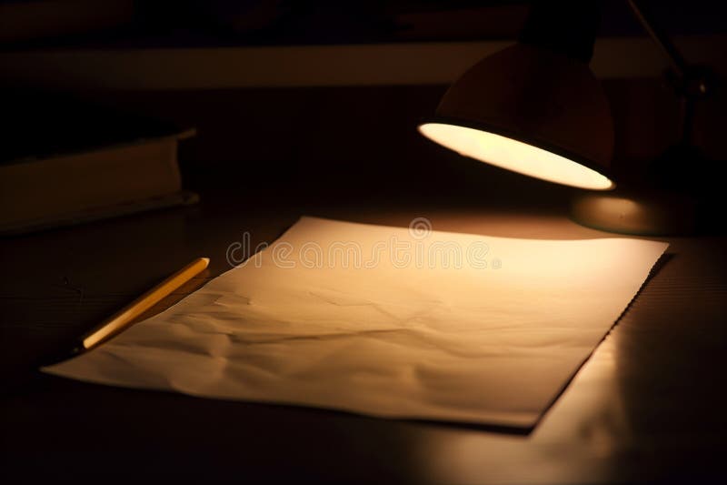 Paper and Pencil Under a Desk Lamp at Night, Casting a Warm Glow Stock ...