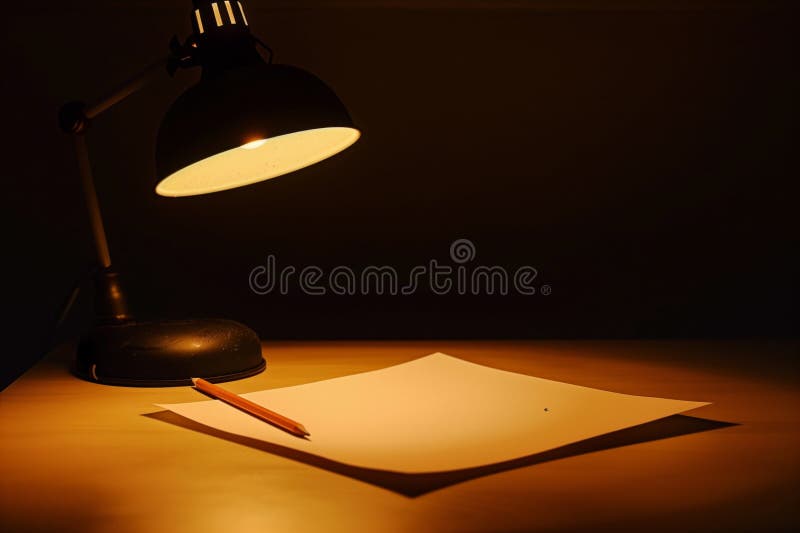 Paper and Pencil Under a Desk Lamp at Night, Casting a Warm Glow Stock ...