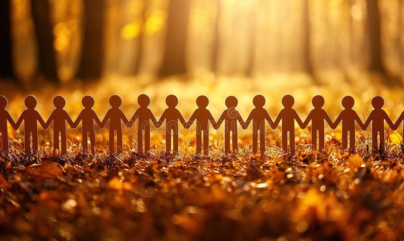 Paper People Chain Holding Hands in Autumn Forest at Sunset, Teamwork ...