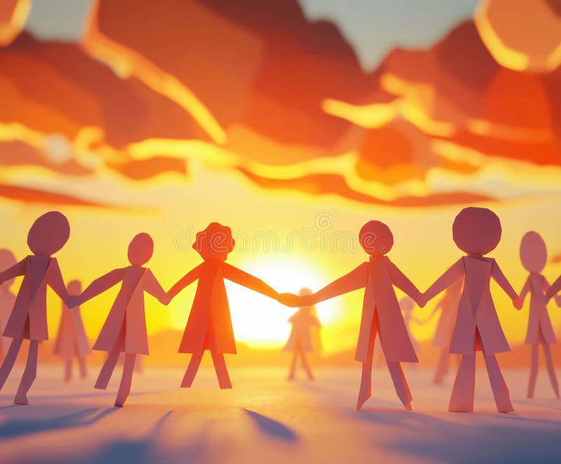 Paper People Holding Hands at Sunset- Unity, High Quality Image Stock ...