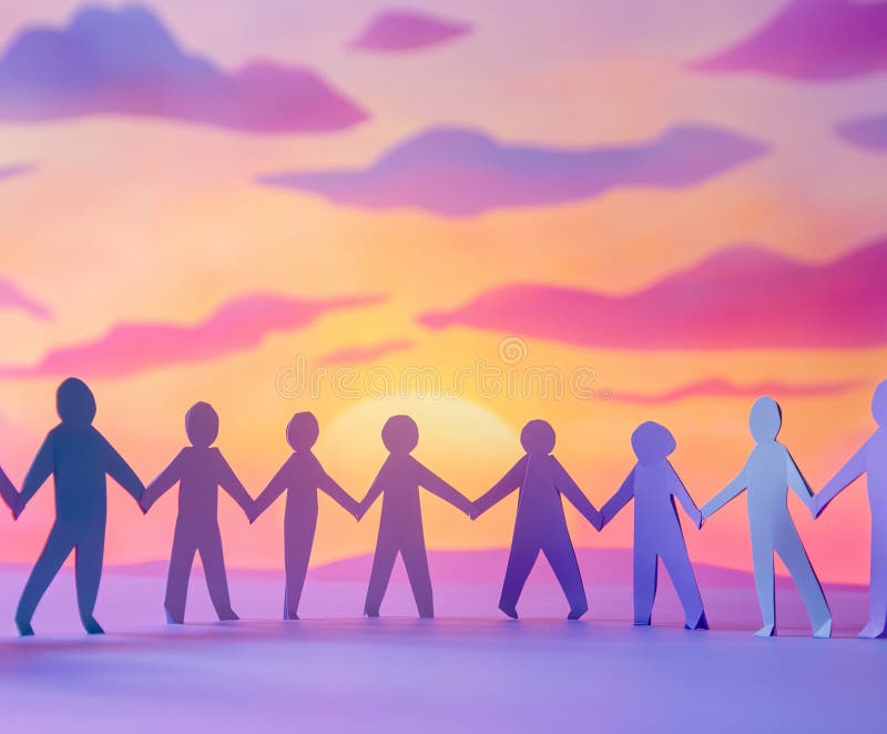 Paper People Holding Hands at Sunset: Unity, High Quality Image Stock ...