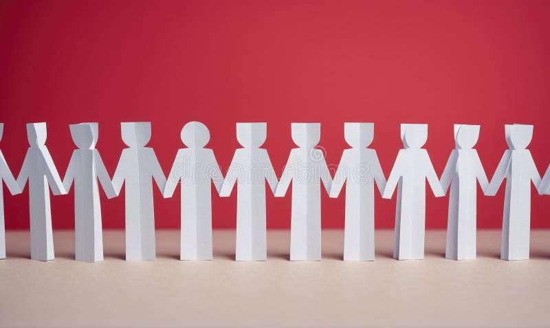 Paper People Stand in a Line, Holding Hands, Against a Red Background ...