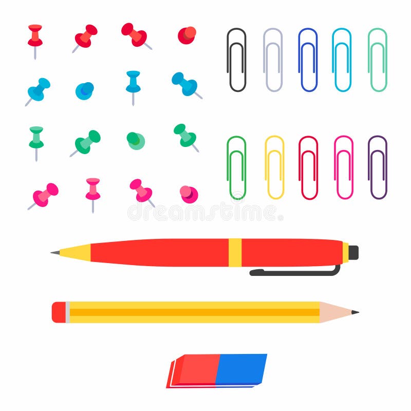 Office Multi Colored Paper Pins, Paper Clips, Pen, Pencil and Eraser ...