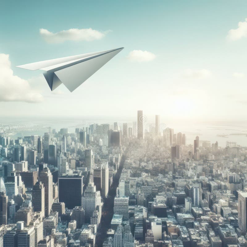 Paper Plane Flying Over a Big City. Stock Illustration - Illustration ...