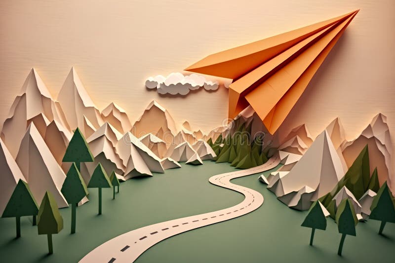 Paper Plane Flying Over Mountain and Forest, Paper Art and Craft Style ...