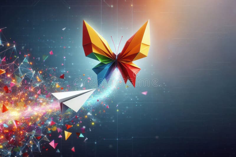 Paper Plane and Origami Butterfly Against the Background of Particles ...