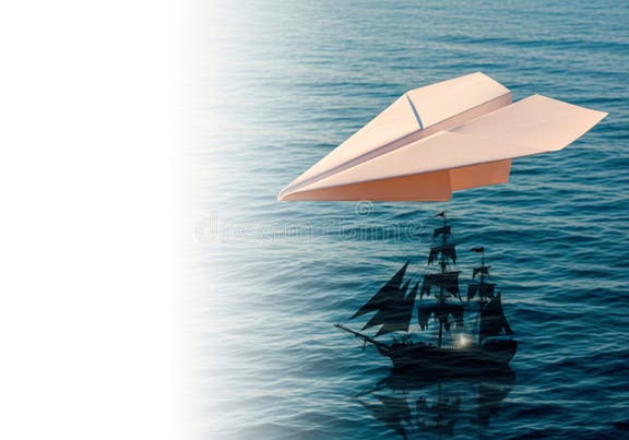 A Paper Plane Over the Sea with the Shadow of a Sailing Ship. Space for ...