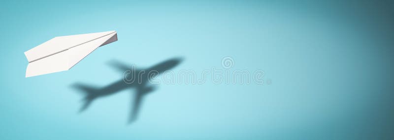 Paper Plane with Shadow of an Airplane on a Blue Gradient Background ...