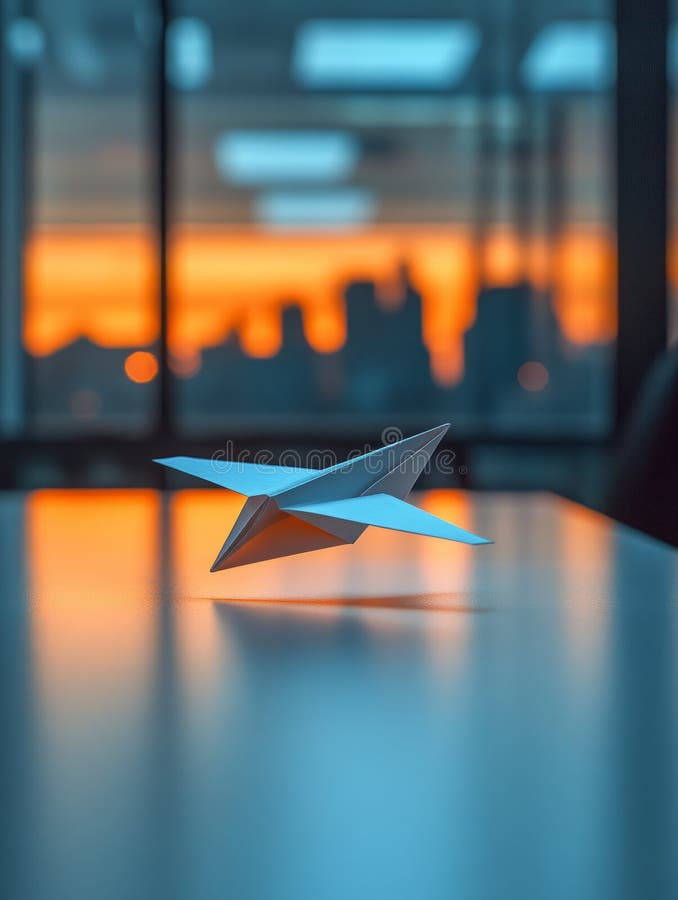 Paper Plane on a Table with a Cityscape Sunset Background. Stock Photo ...
