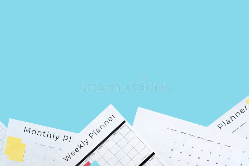 Paper Planner with Sticky Notes on Blue Pastel Background Stock Image ...