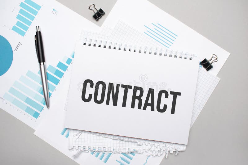 Paper Plate with Text Contract. Diagram, Notepad and Blue Background ...