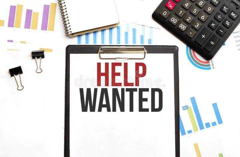 HELP WANTED Text on Paper Sheet with Chart, Dice, Spectacles, Pen ...