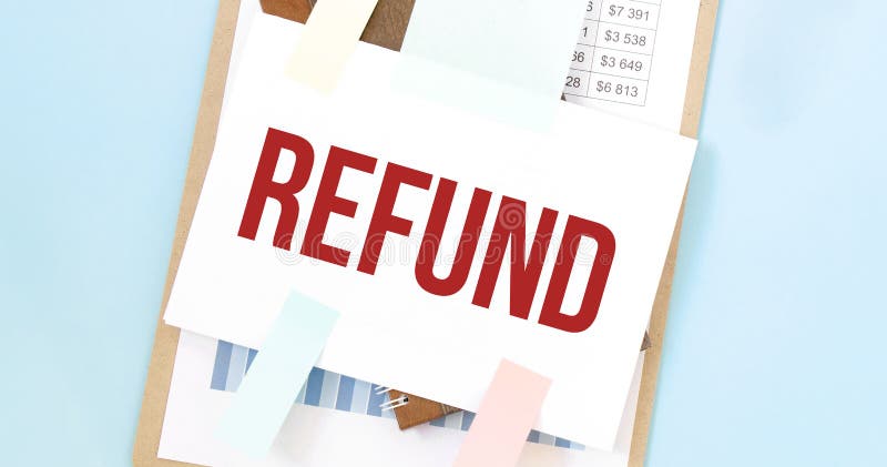 Paper Plate with Text REFUND. Diagram, Notepad and Blue Background ...