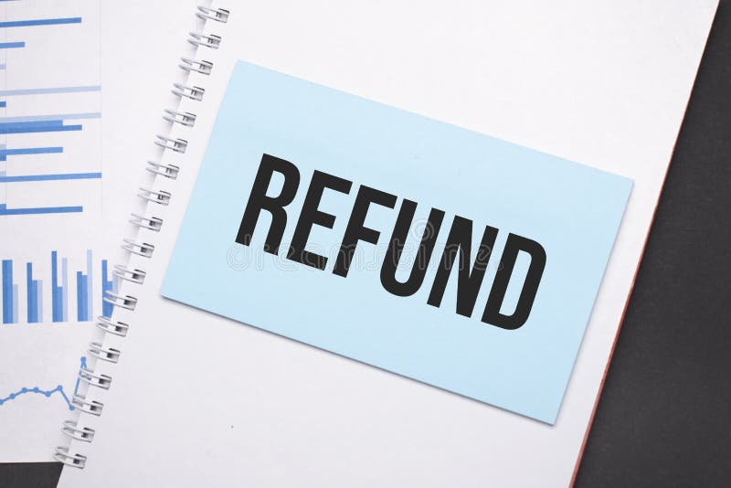 Paper Plate with Text REFUND. Diagram, Notepad and Blue Background ...