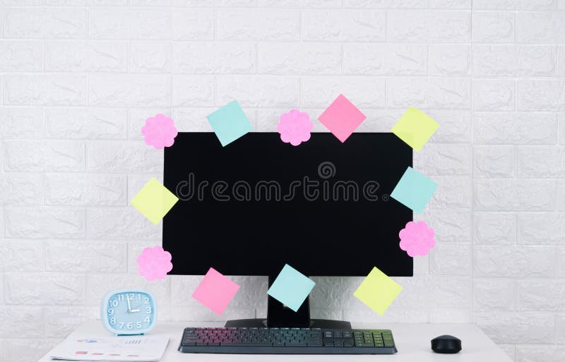 Paper Post it Notes Computer Screen on the Desk Stock Image - Image of ...