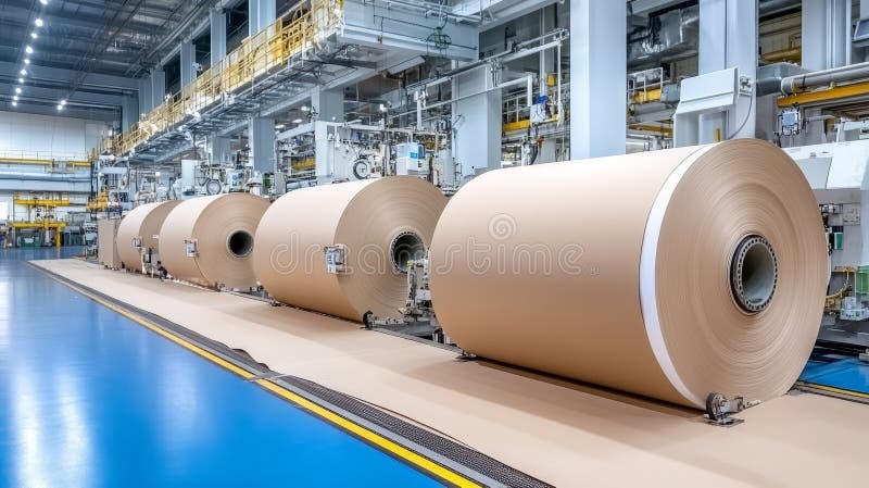 Paper Production Plant Interior, Large Rolls on Conveyor System ...