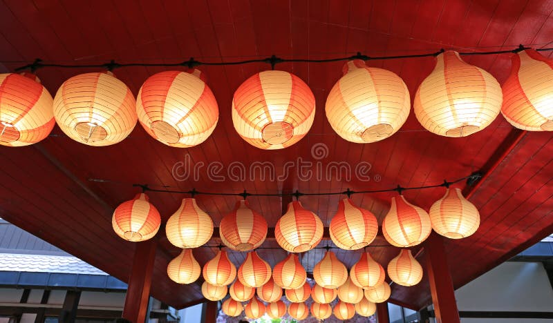 Paper Red-white Asian Japanese Lanterns in Row Glowing Stock Image ...