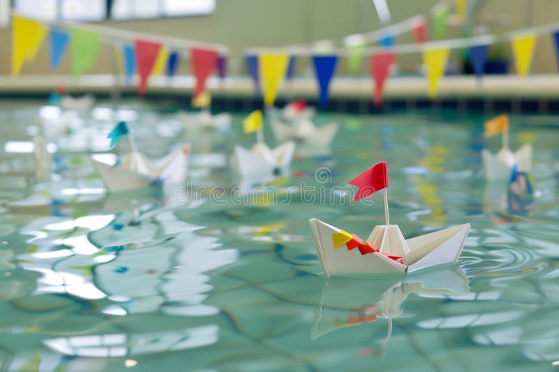 Paper Regatta with Miniature Flags in a Swimming Pool Stock Image ...