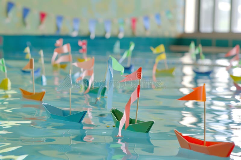 Paper Regatta with Miniature Flags in a Swimming Pool Stock Image ...