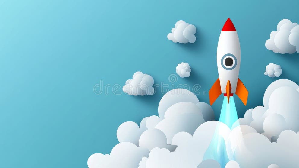 Paper Rocket Launch Blue Sky, Cloud Composition, Startup Concept, Rocket Launch, Startup Stock ...
