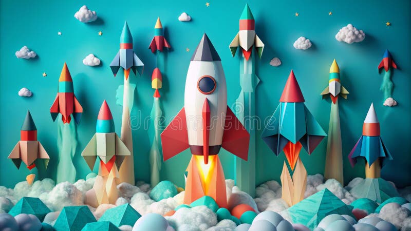 Paper Rocket Launch Origami, Teal, Dreamscape Stock Illustration ...
