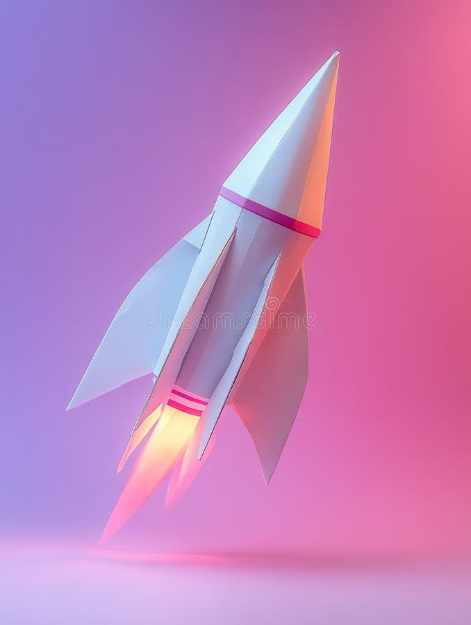 Paper Rocket Launching Against a Pink and Purple Gradient. Stock Image ...
