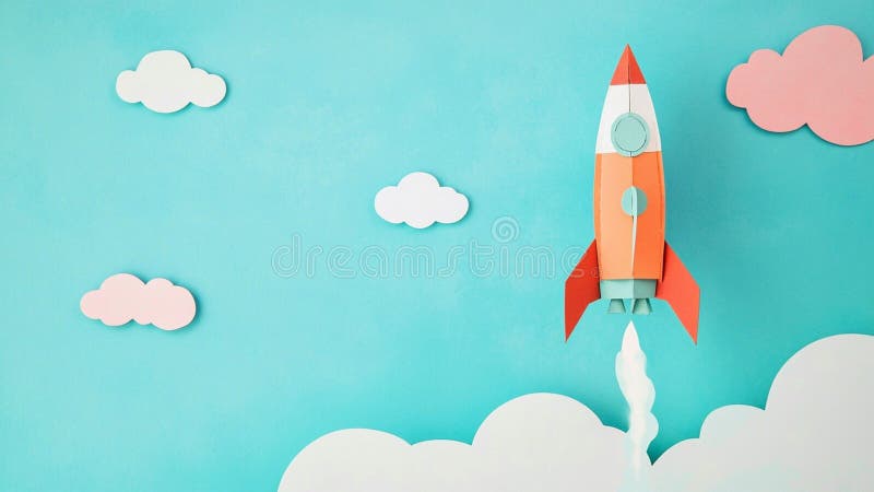 Paper Rocket Launching into a Bright Blue Sky with Clouds a Creative ...