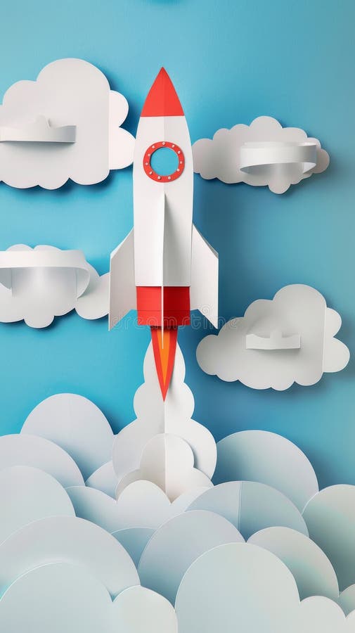 Paper Rocket Launching among Clouds on Blue Background, Creativity and ...