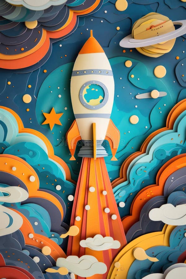 Paper Rocket Launching into Space with Planets and Stars in Background ...