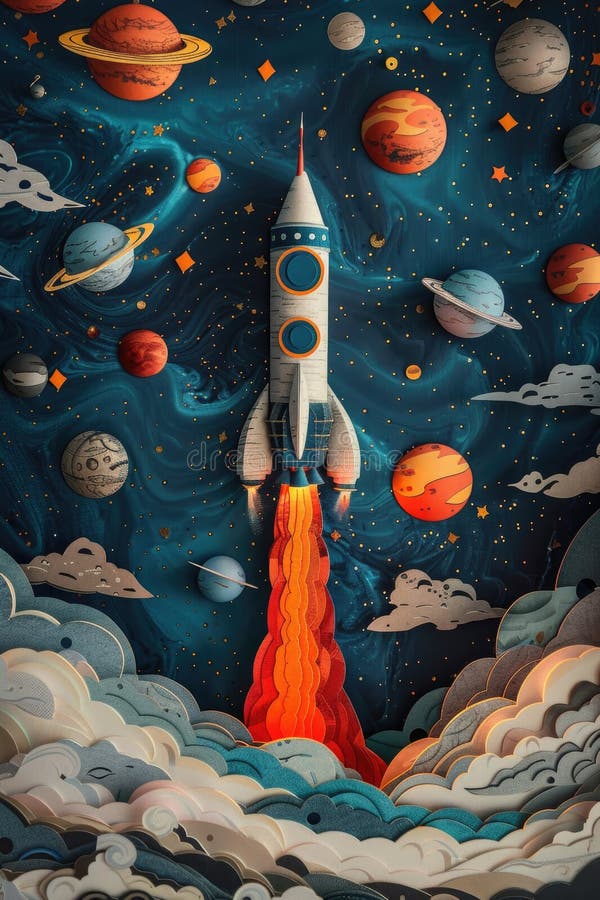 Paper Rocket Launching into Space with Planets and Stars in Background ...