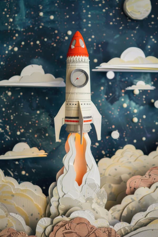 Paper Rocket Launching into Space with Planets and Stars in Background ...
