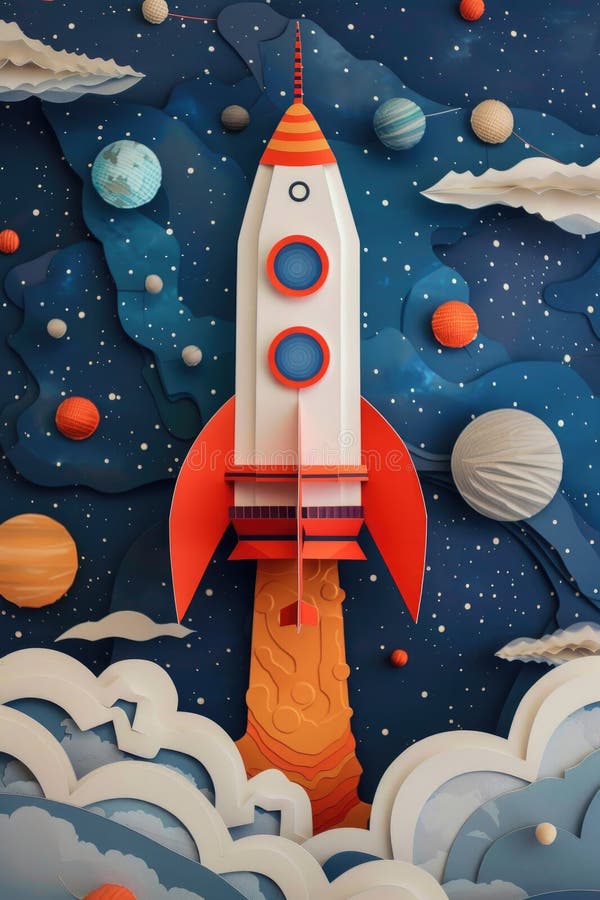 Paper Rocket Launching into Space with Planets and Stars in Background ...