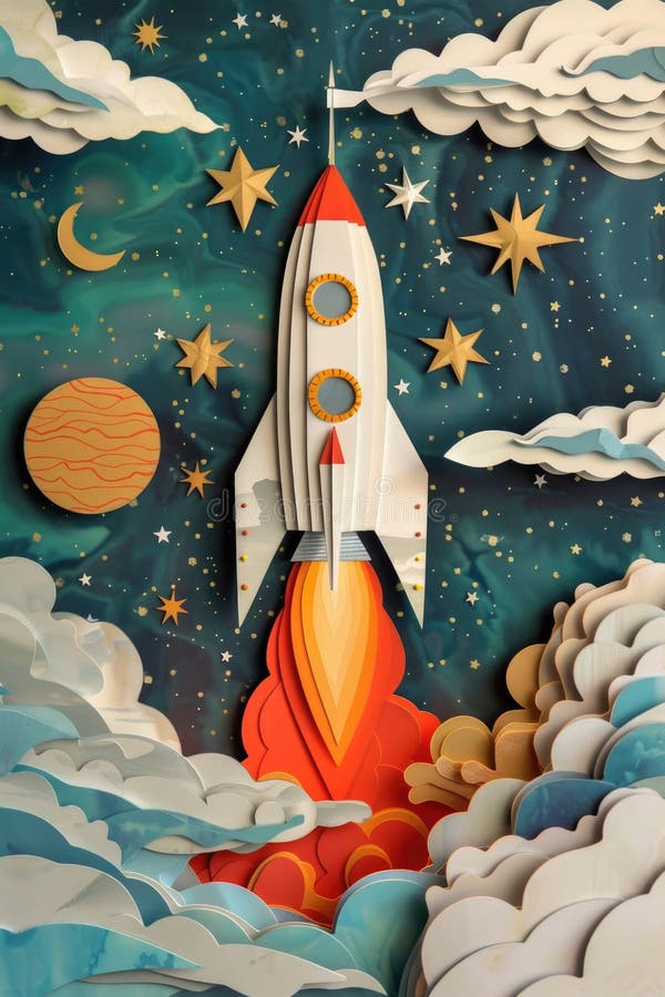 Paper Rocket Launching into Space with Planets and Stars in Background ...